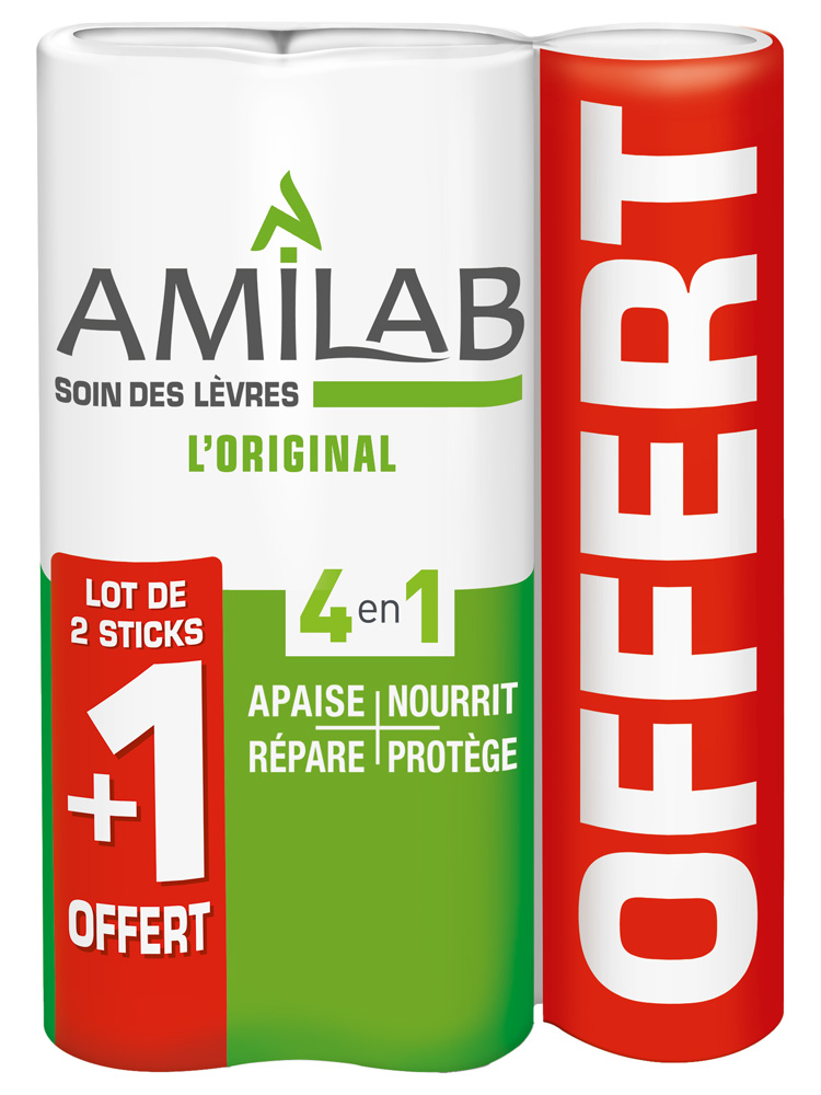 Amilab Soin des Lèvres Lot de 3 Sticks dont 1 Offert