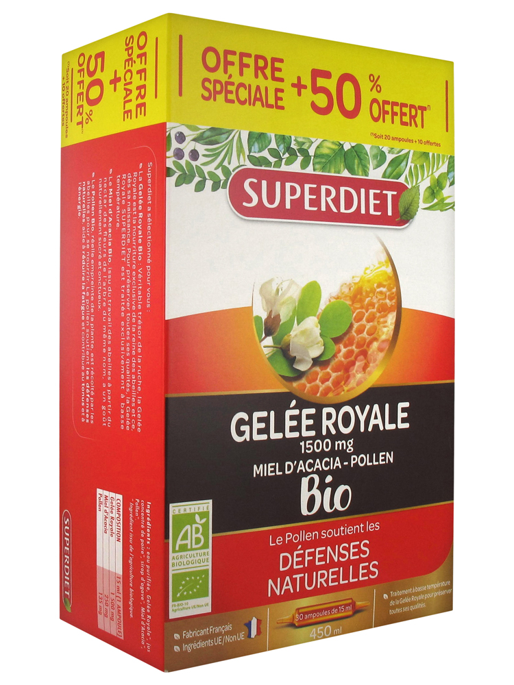 Super Diet Gelée Royale Miel d'Acacia Pollen Bio 20 Ampoules + 10 ...